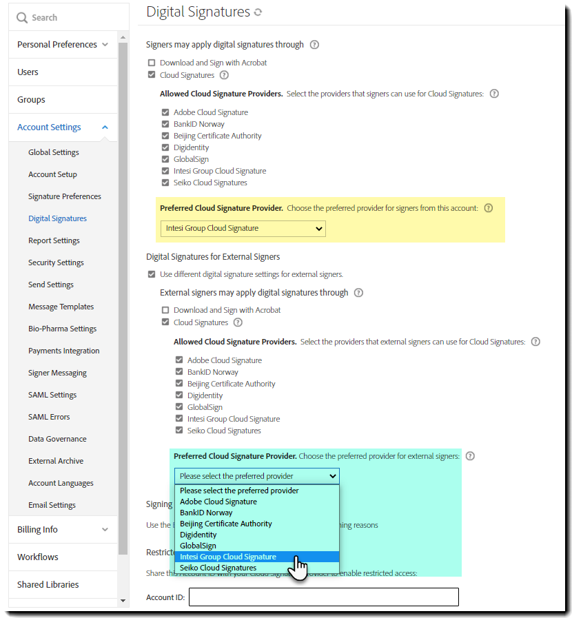 Configure cloud signature providers